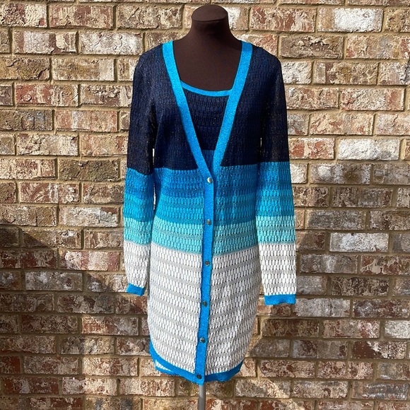 Magaschoni | Sweaters | Magaschoni Turquoise Navy Silver Button Front ...
